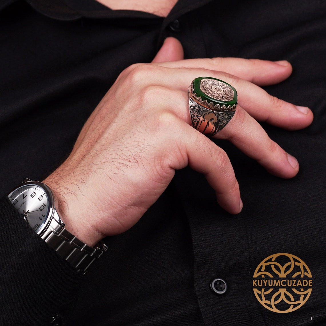 Green Fire Amber Stone Surah Inshirah Engraved Sterling Silver Ring ...