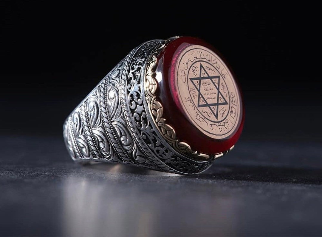 Seal of Solomon Ring, Red Fire Amber Stone Ring, Charm Silver Rings ...