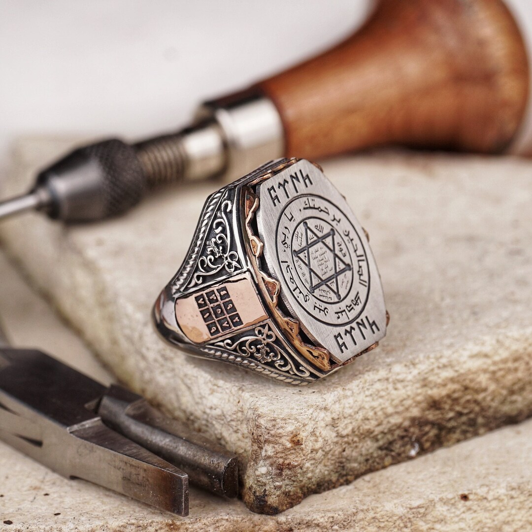 Seal of Solomon Men's Silver Ring, Engraved Abjad Numerology Band ...