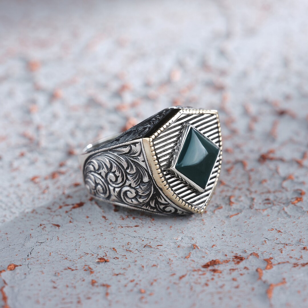 Handmade 925 Sterling Silver Mens Ring With Green Agate Stone - Etsy