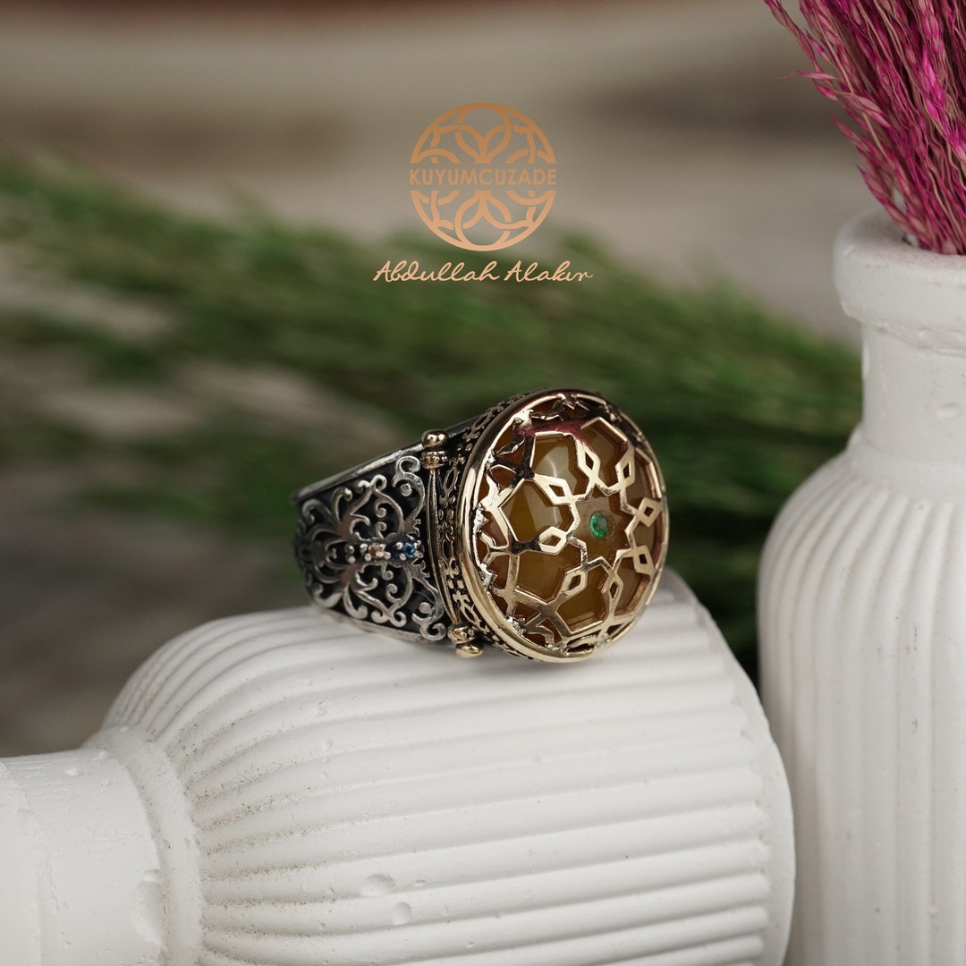 Cage Design Fire Amber Stone Elegant Silver Ring for Men, Cage Design ...