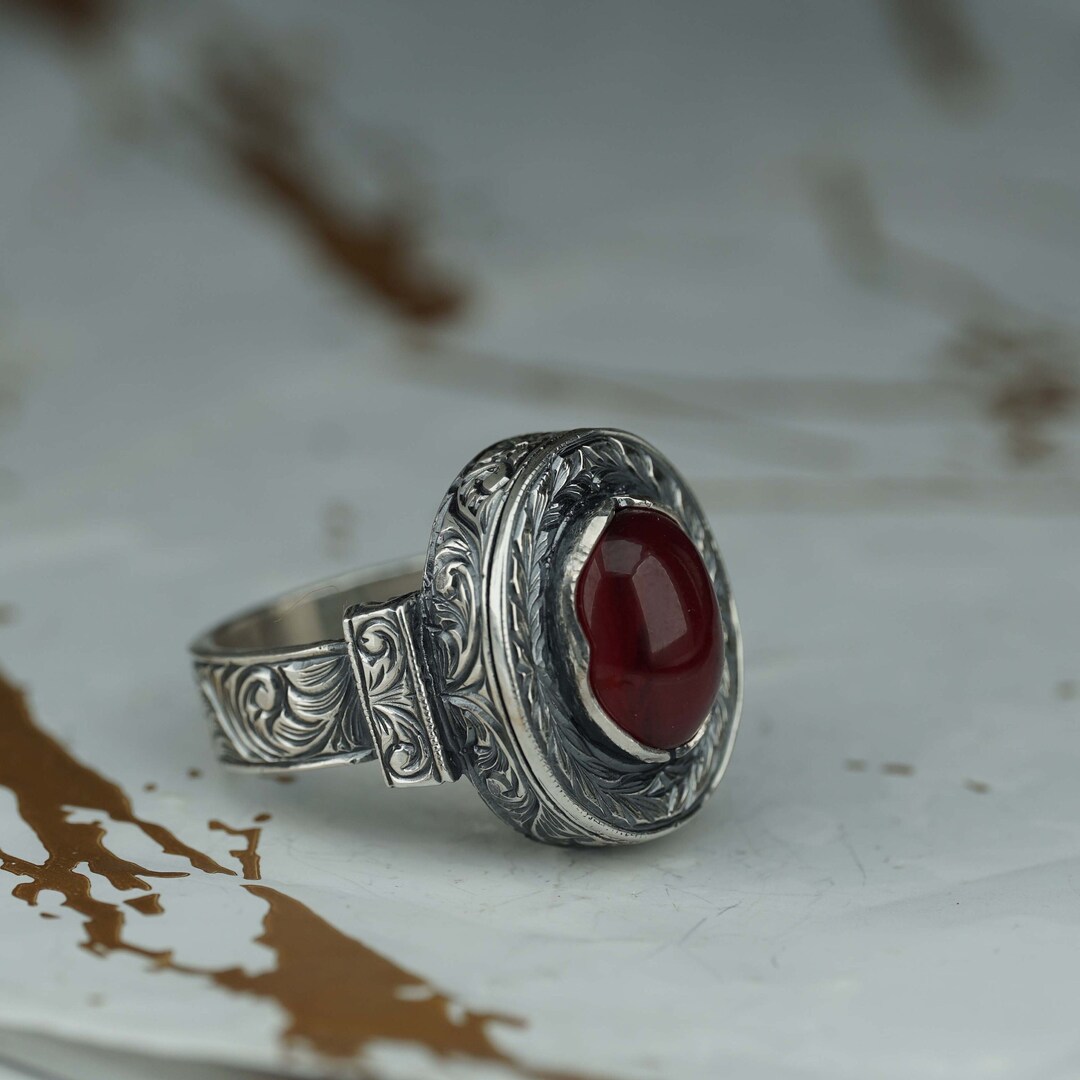 Red Amber Men Silver Ring, Amber Ring Men Sterling Silver, Engraved ...