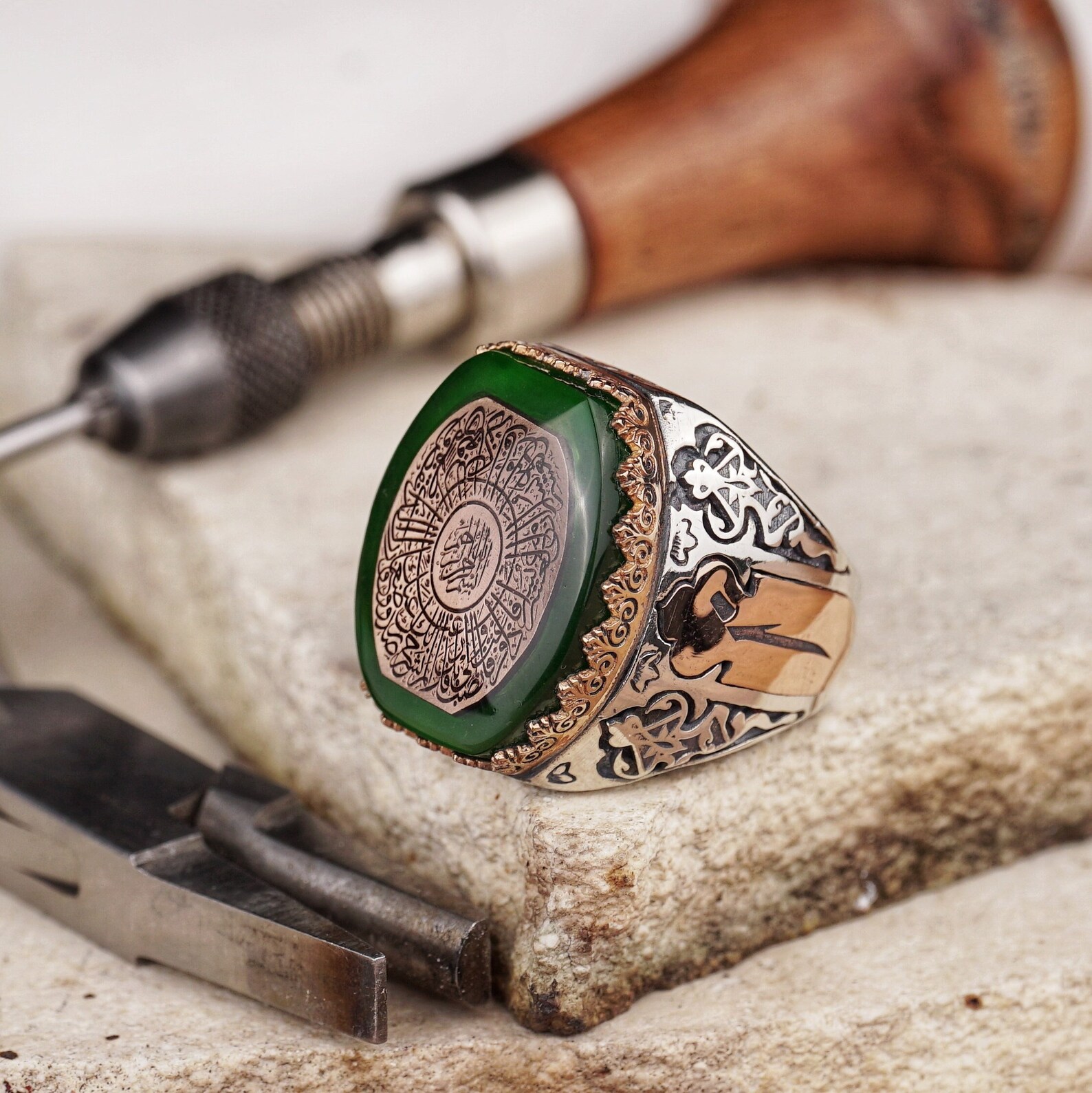 Green Fire Amber Ring With Surah Al-fatiha, Handcrafted Men's Silver ...