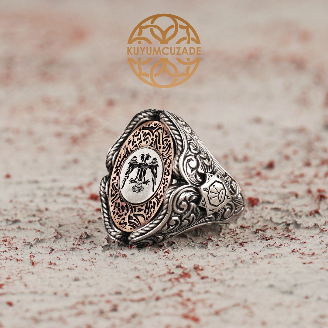 Double Headed Eagle Seljuk State Sterling Silver Ring for Men, Handmade ...