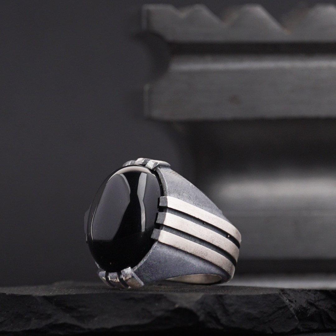 Black Amber Gemstone Masculine Silver Ring for Men, Sterling Silver ...