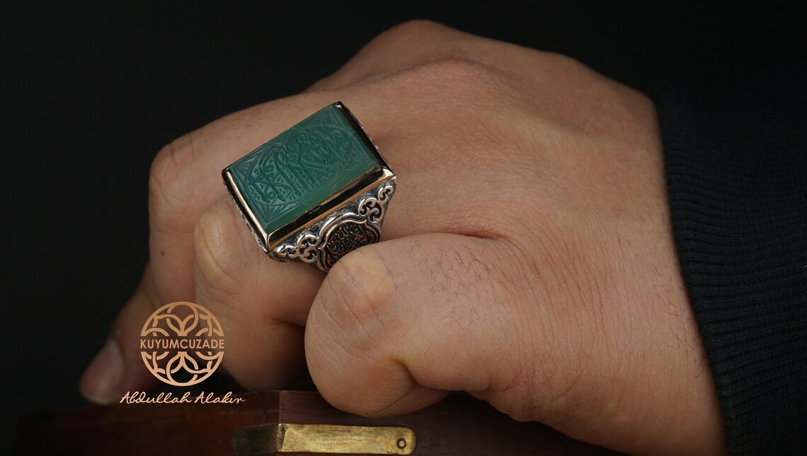 Manuscript Green Agate Men's Islamic Silver Ring Custom - Etsy