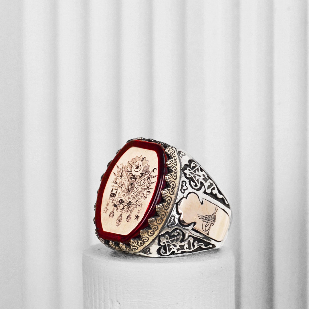 Ottoman Sanjak Red Fire Amber Gemstone Sterling Silver Ring, Ottoman ...