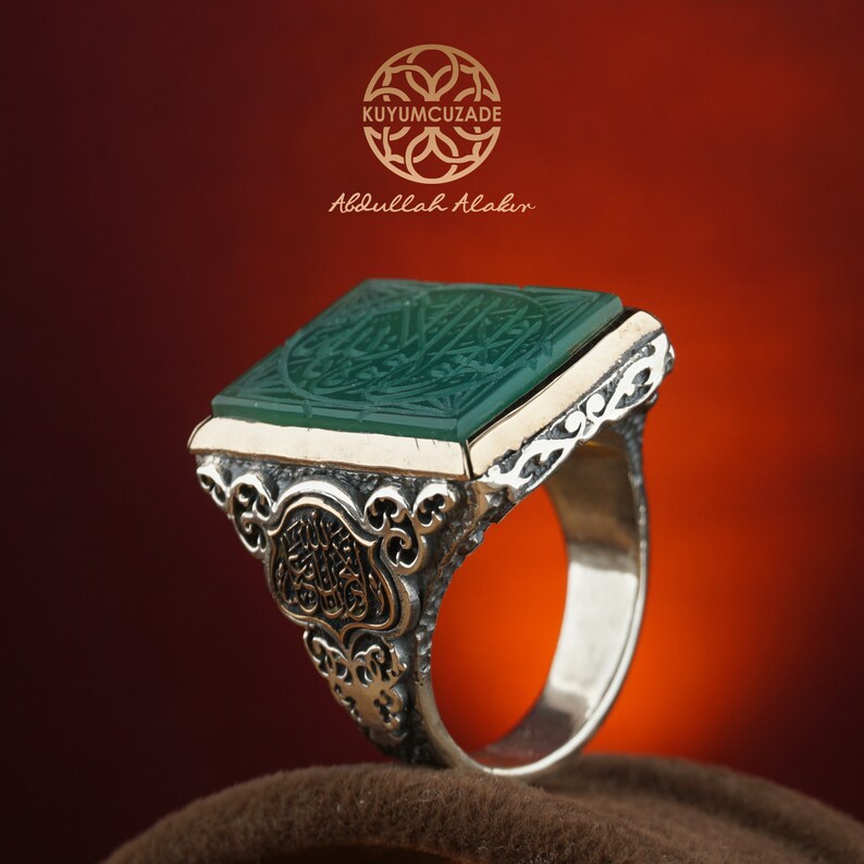 Manuscript Green Agate Men's Islamic Silver Ring, Custom Design Arabic ...