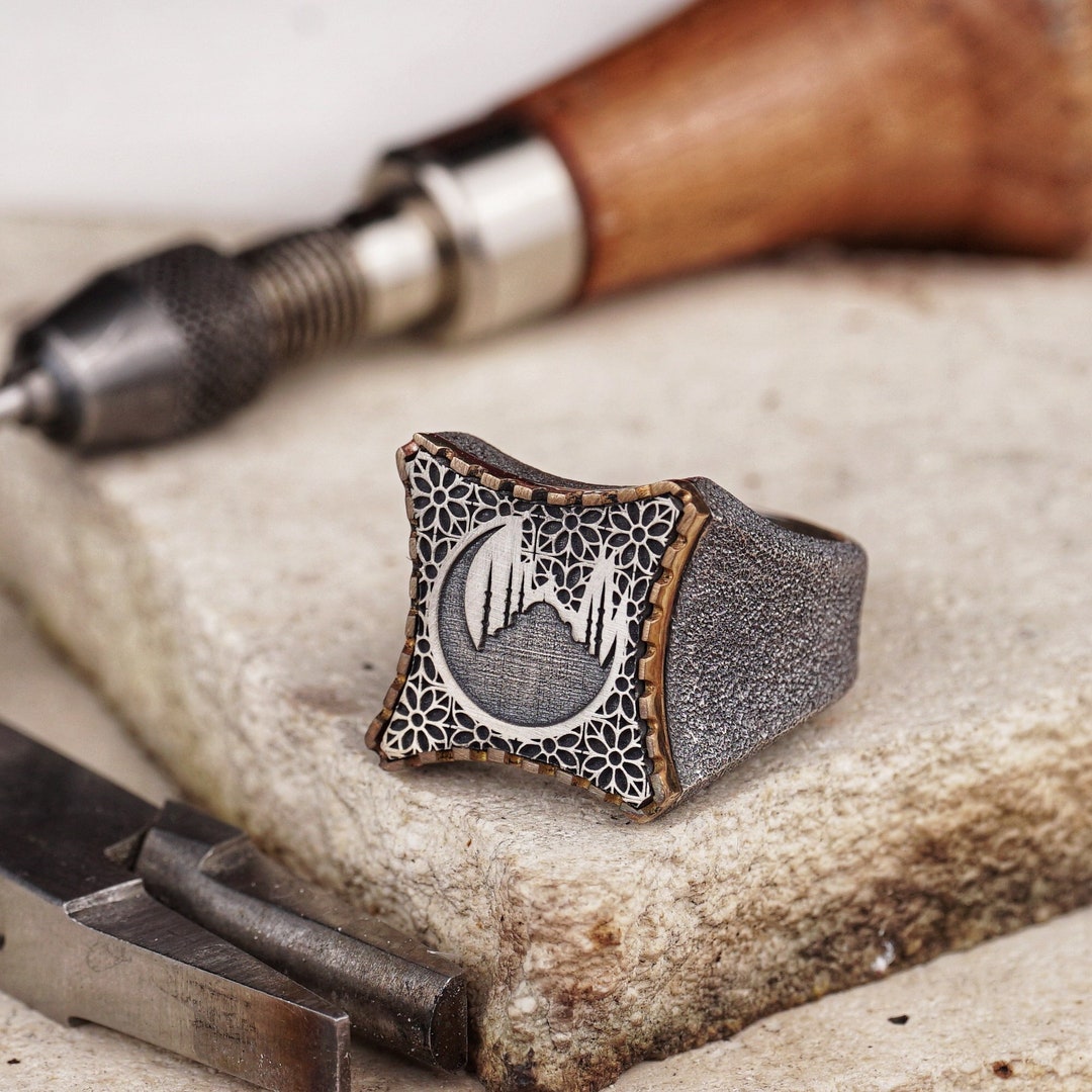 Mystical Square Mounted Silver Ring, Moon Crescent & Minaret Silhouette ...