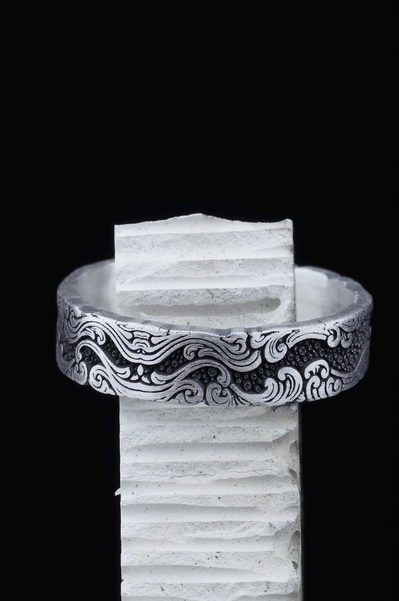 Sterling Silver Ocean Wave Ring, Handmade Sea Inspired Band, Unique Men ...