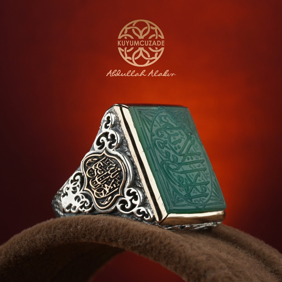 Manuscript Green Agate Men's Islamic Silver Ring, Custom Design Arabic ...