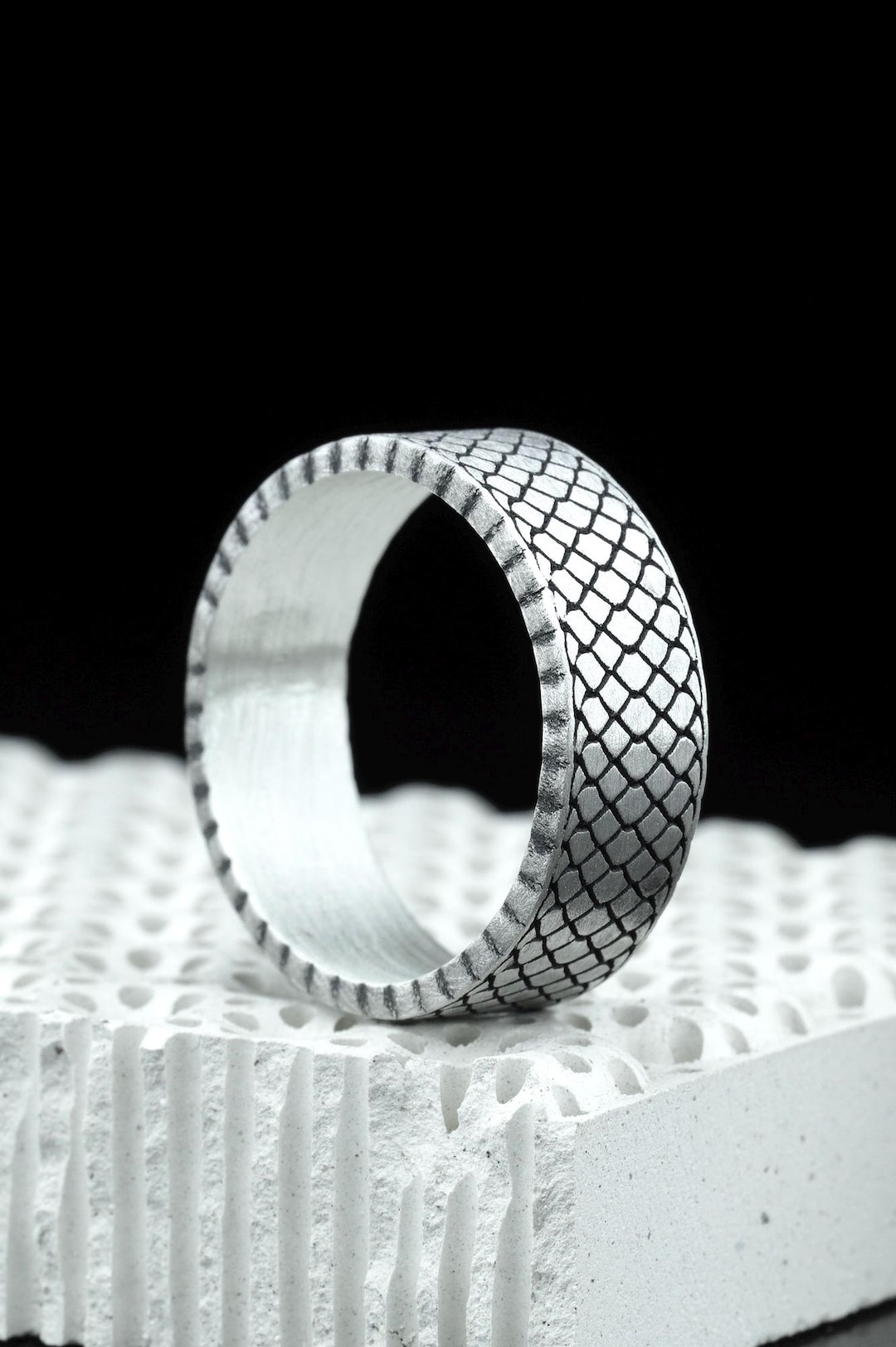 925 Sterling Silver Fish Scale Pattern Ring, Handmade Band for Men and ...