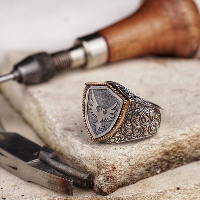 Phoenix Emblem Silver Ring, Handcrafted Engraved Mythical Jewelry ...