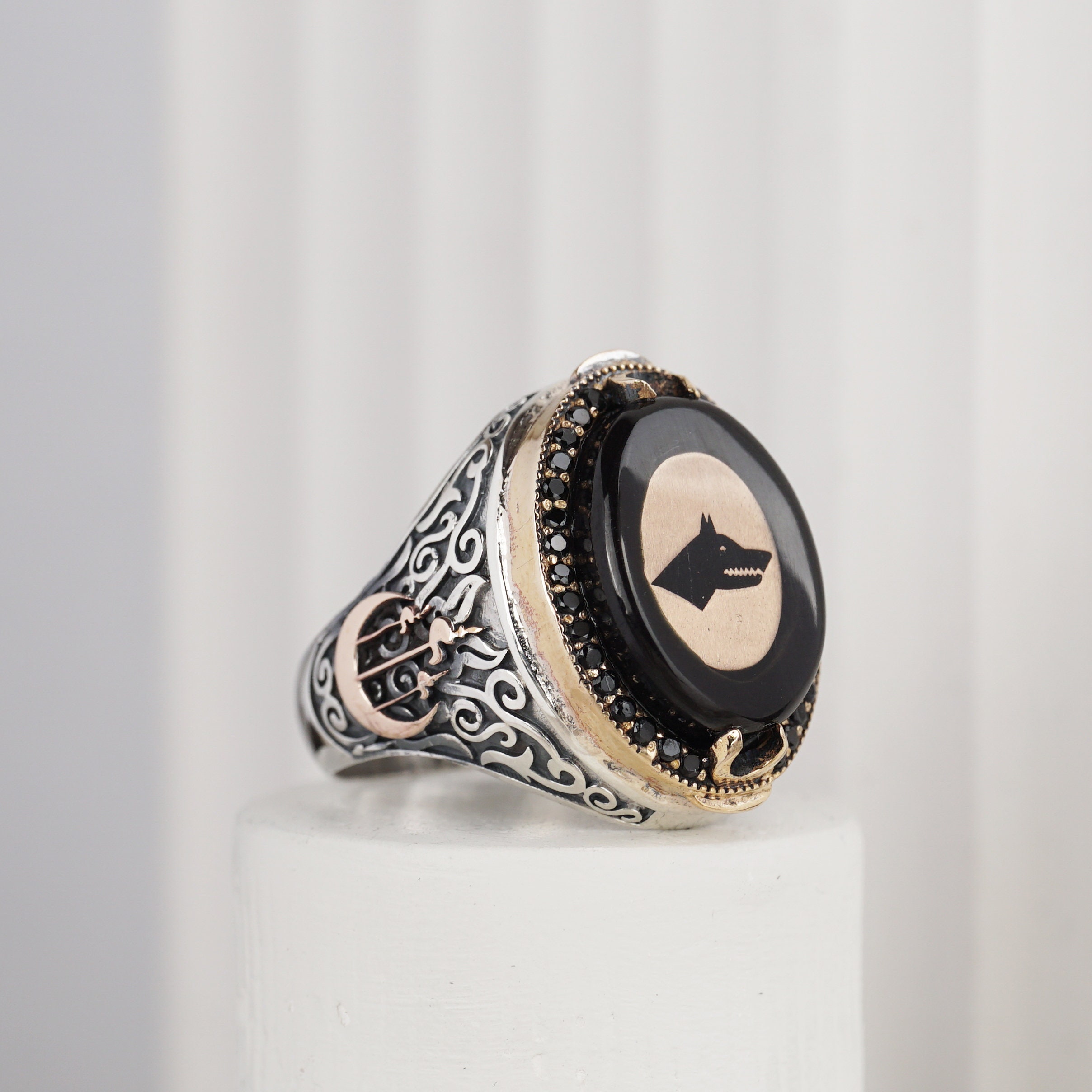 Black Amber Stone Wild Wolf Head Crescent Engraved Sterling - Etsy