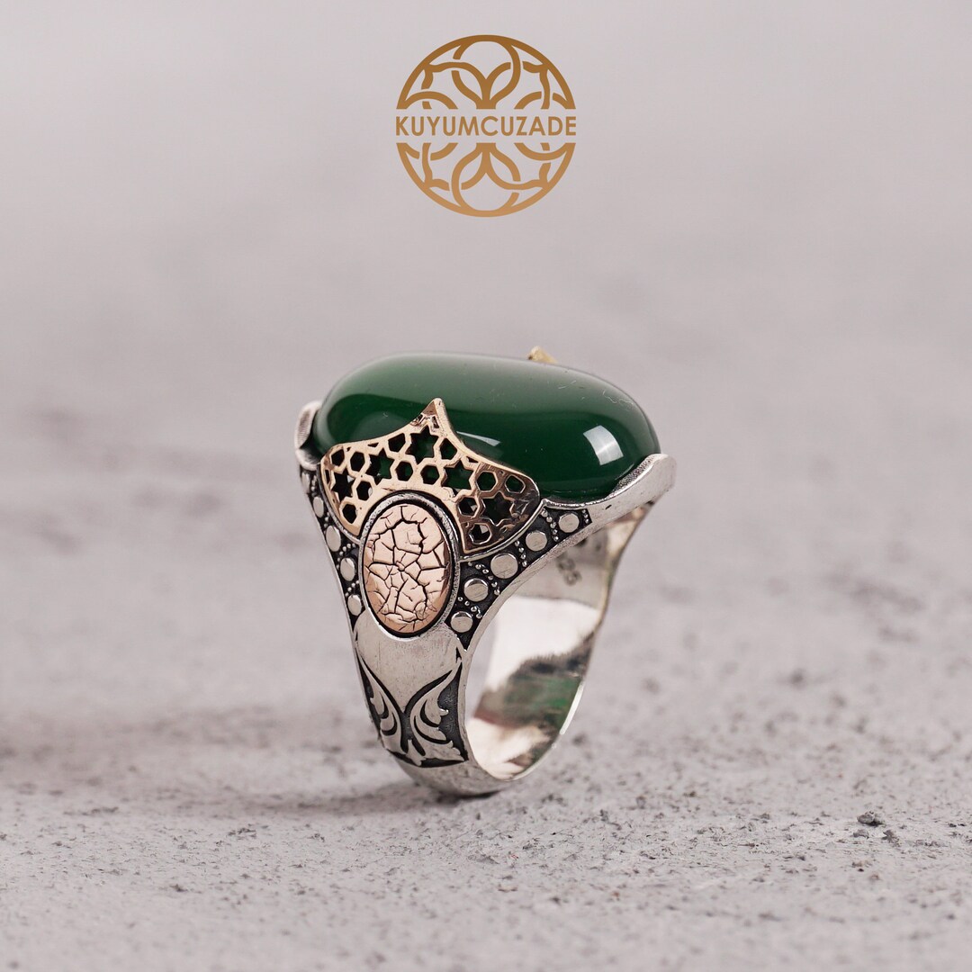 925 Sterling Silver Men's Ring With Green Agate Stone, Handcrafted ...