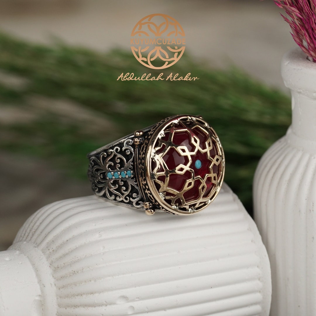 Red Fire Amber Gemstone Ring for Men, Ottoman Islamic Geometric Design ...
