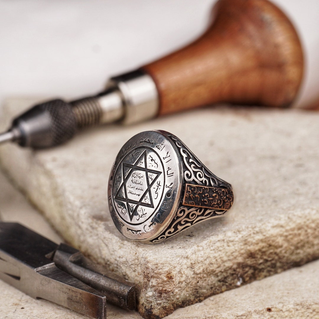 Mystical Silver Ring With Solomons Seal, Engraved Silver Plate, Adorned ...