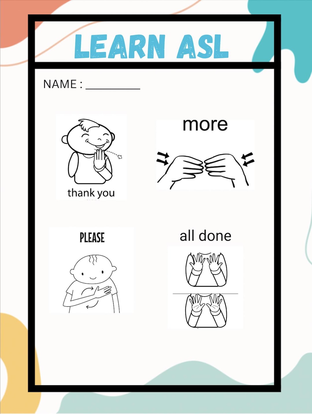 KIDS ASL WORKSHEET - Etsy