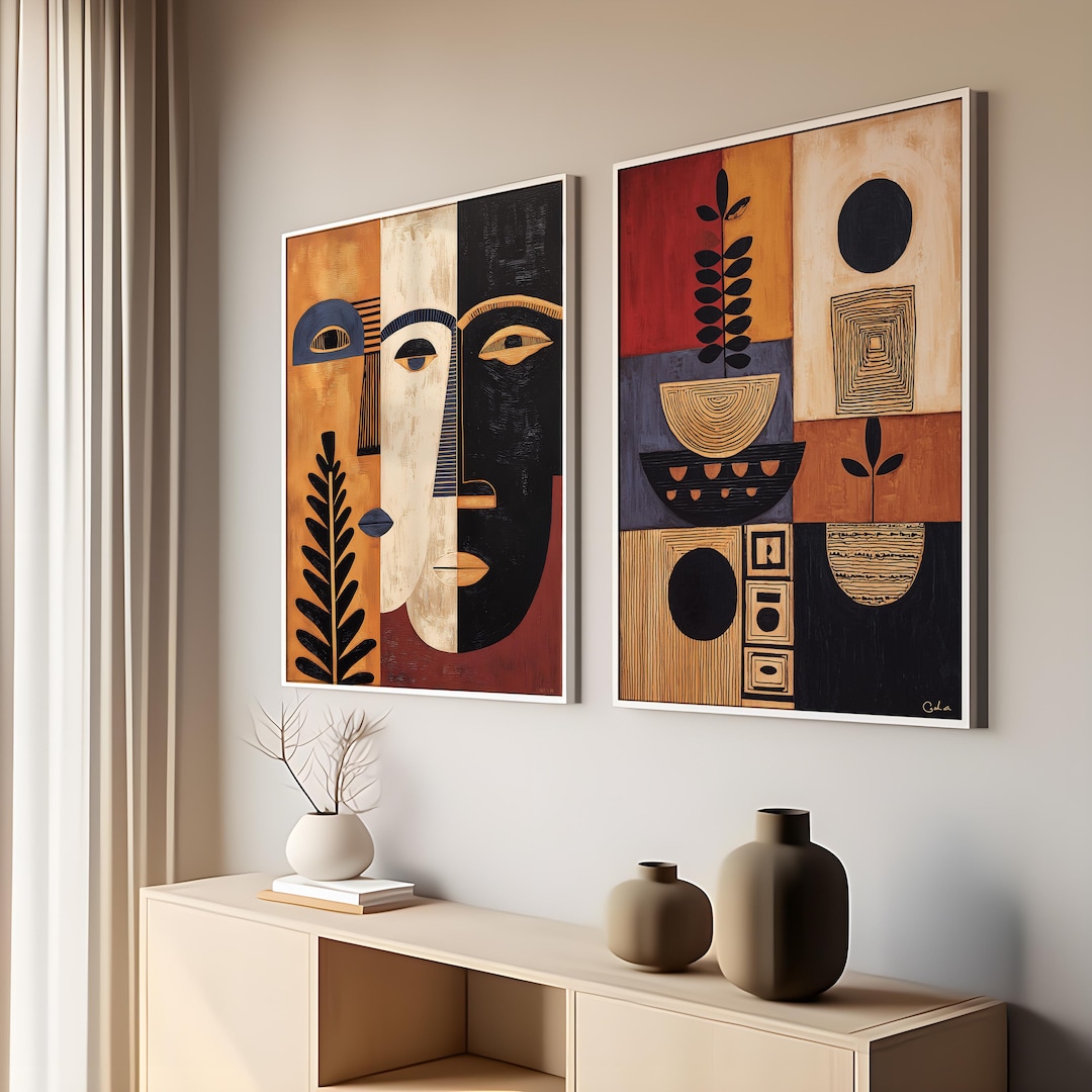 African Mask Art Print, Afro Geometric Artwork, Abstract Ethnic Faces ...