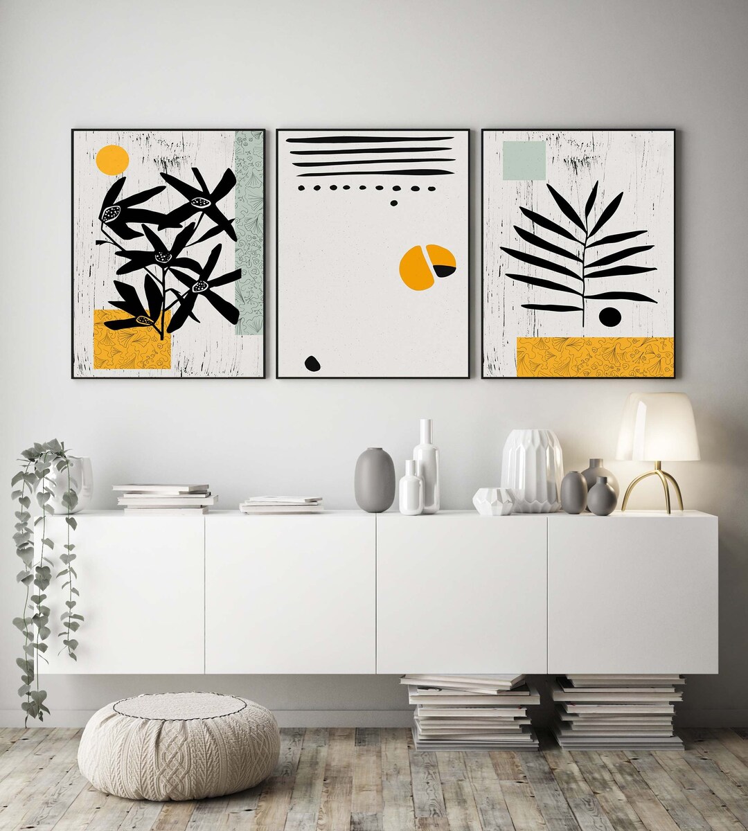 Mid Century Modern Art Abstract Orange Black Dots Prints Set - Etsy
