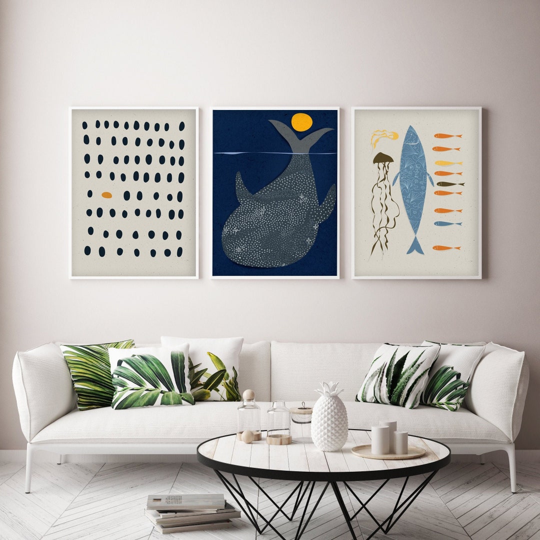 Cartel minimalista de ballenas, arte de pared de ballenas azules y ...