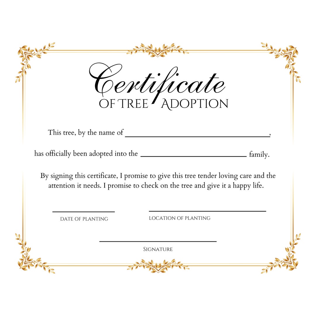 Tree Adoption Certificate For Kids Arbor Day Printable Earth Etsy
