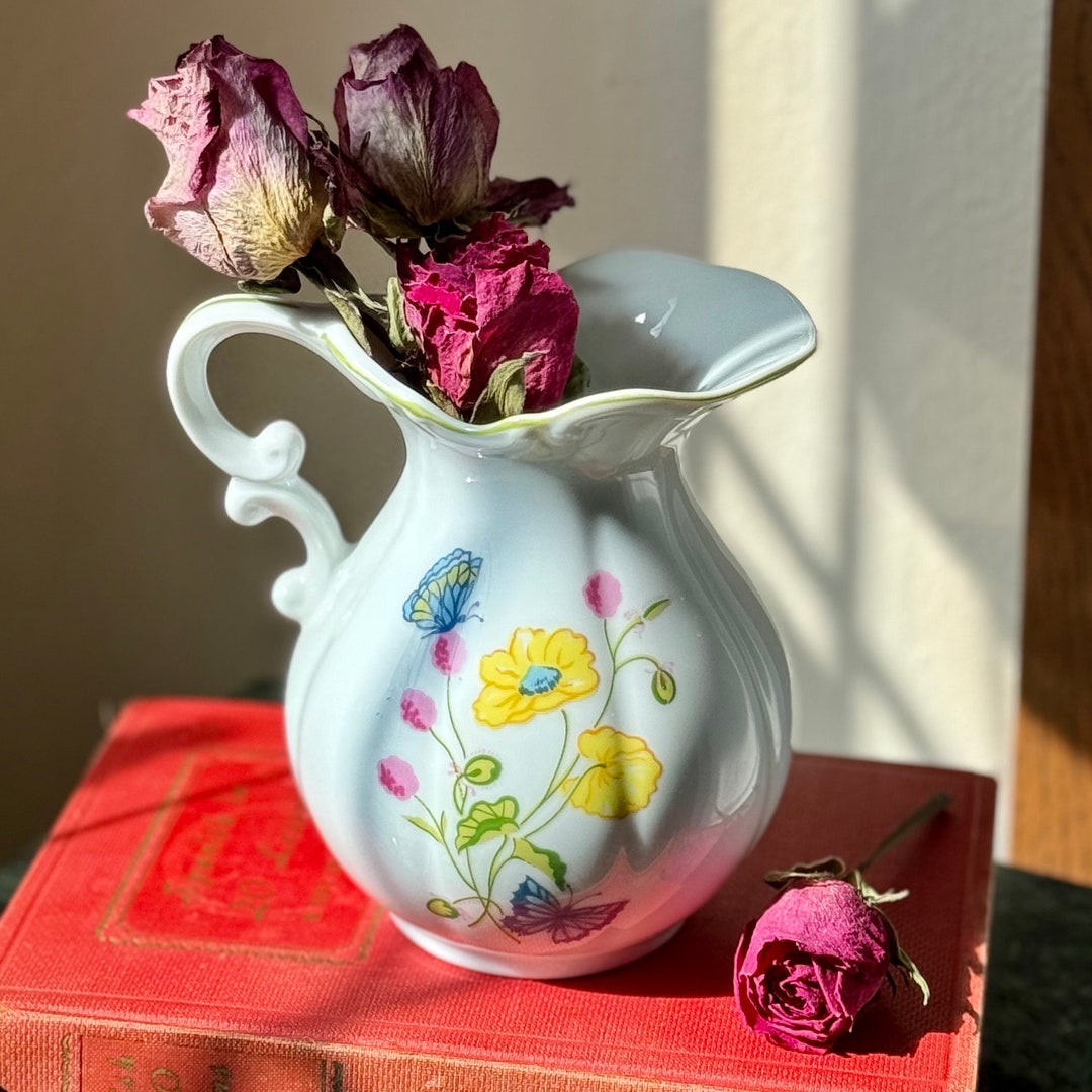 Vintage Farmhouse Floral Pitcher | Butterfly Country Cottage Home Decor ...