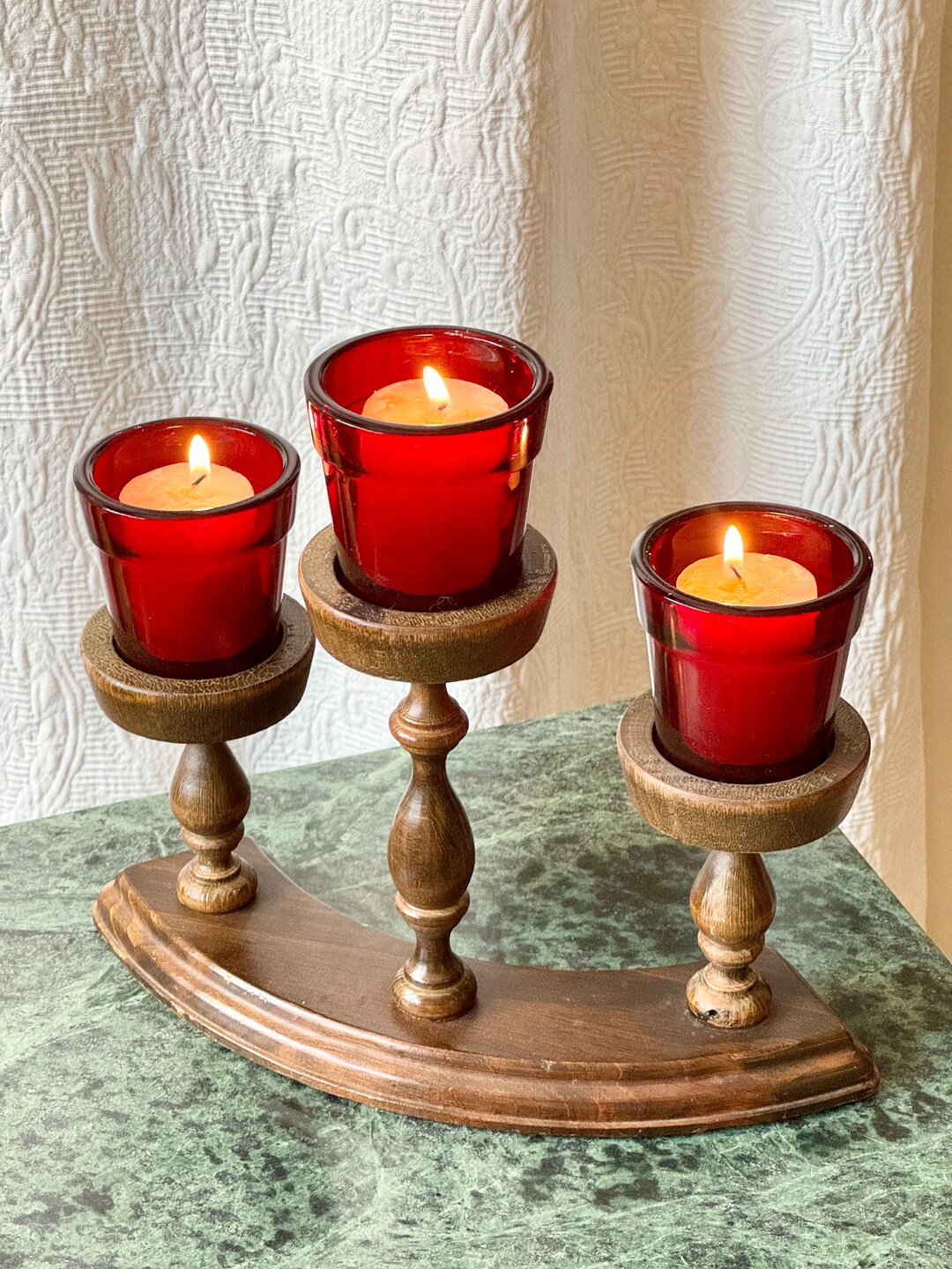 Vintage Wood Candleholder With Red Votives Dark Moody Rustic Tapering ...