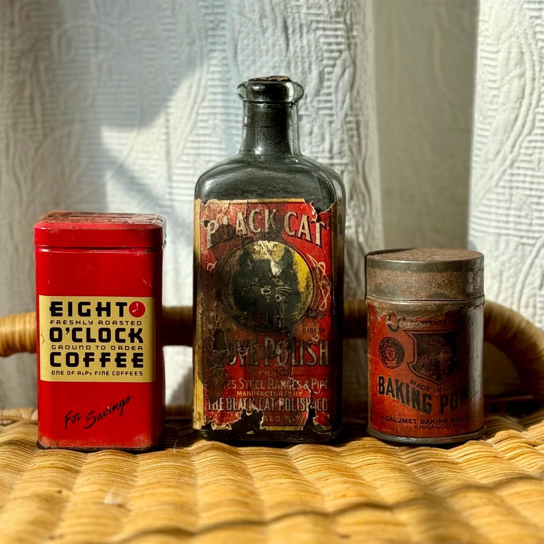 Vintage Tin Collection | Black Cat Stove Polish Bottle, Eight O’clock ...