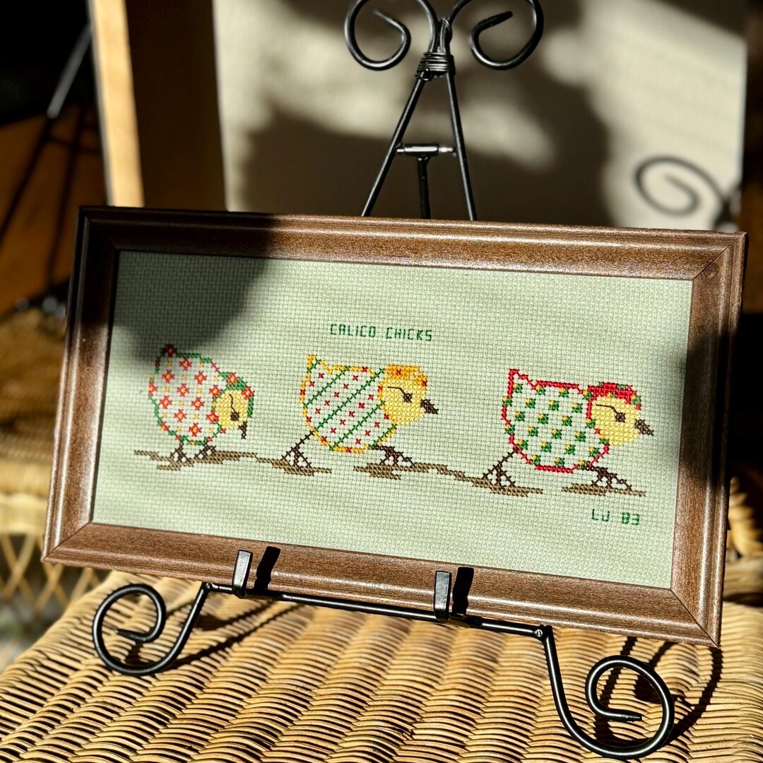 Vintage "calico Chicks" Cross Stitch | Cute Framed Handmade Bird Nursery Art | 80s Cozy Retro ...