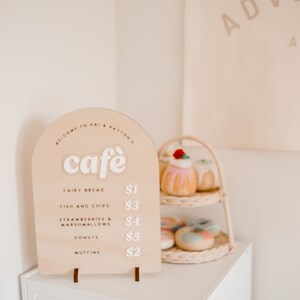 Kids Wooden Café Play Set – Pretend Play Food & Drink Menu Signs for ...