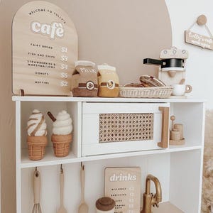 Kids Wooden Café Play Set – Pretend Play Food & Drink Menu Signs for ...