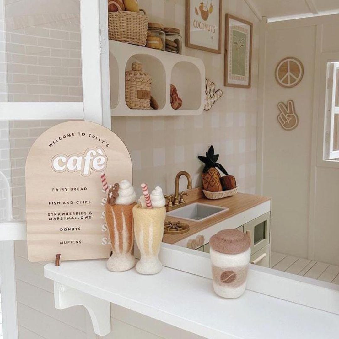 Kids Wooden Café Play Set – Pretend Play Food & Drink Menu Signs for ...