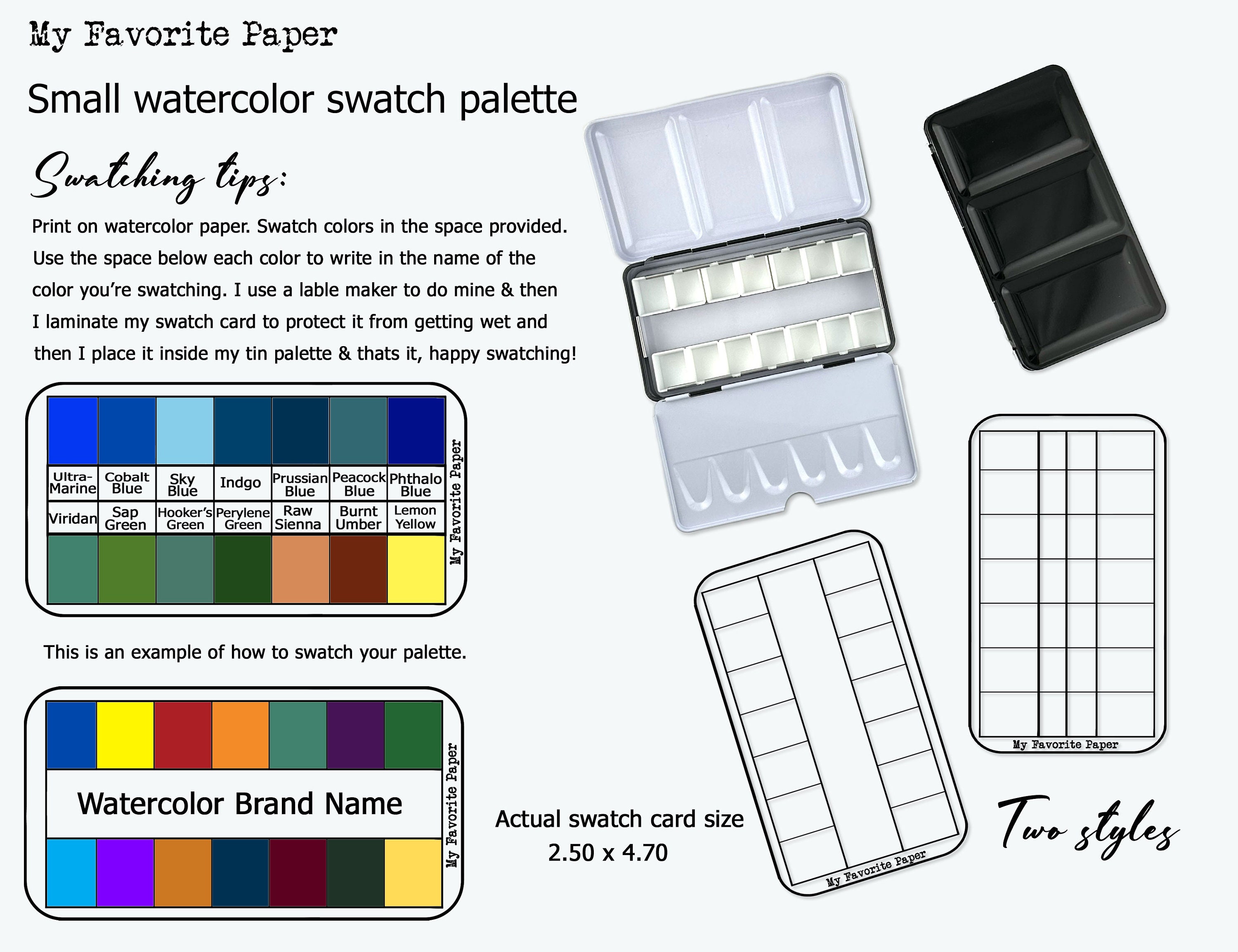 Watercolor Palette Swatch Card Template for Standard 14 Half Pan ...