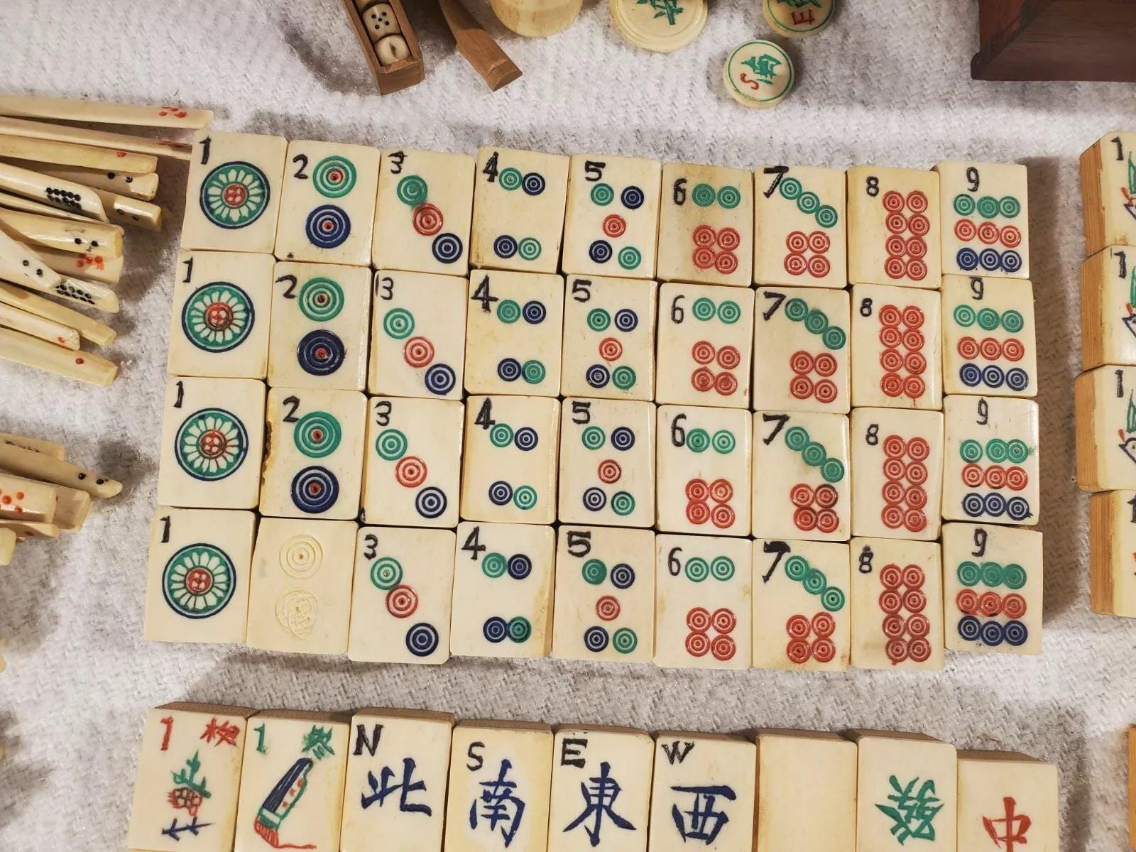 Vintage Primitive Mah Jong Set Bone & Bamboo in Wooden Case W/ Brass ...