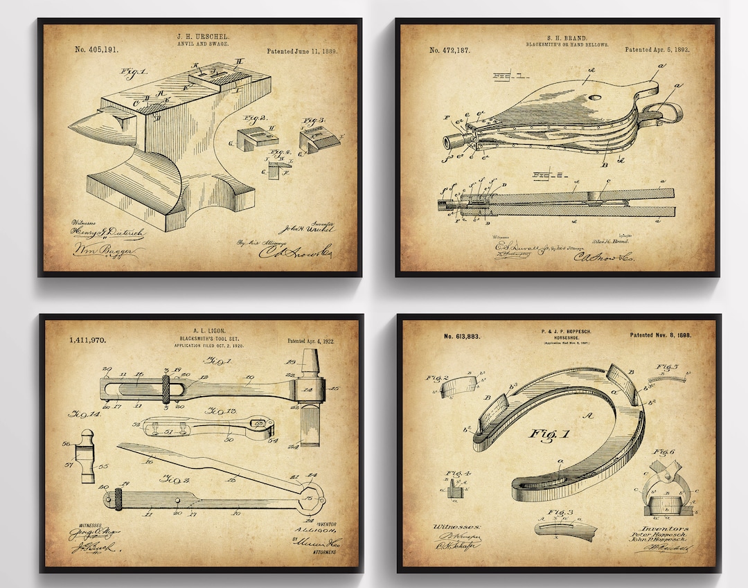 4 Blacksmith Equipment Patent Art Anvil Blueprint Blacksmith Tools ...