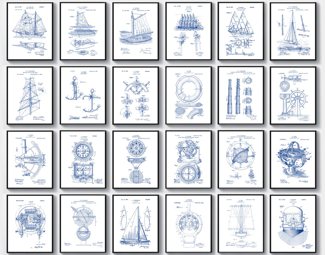 Nautical Art Set 24, Sailing Patent Drawings, Marine Blueprint, Sailor ...