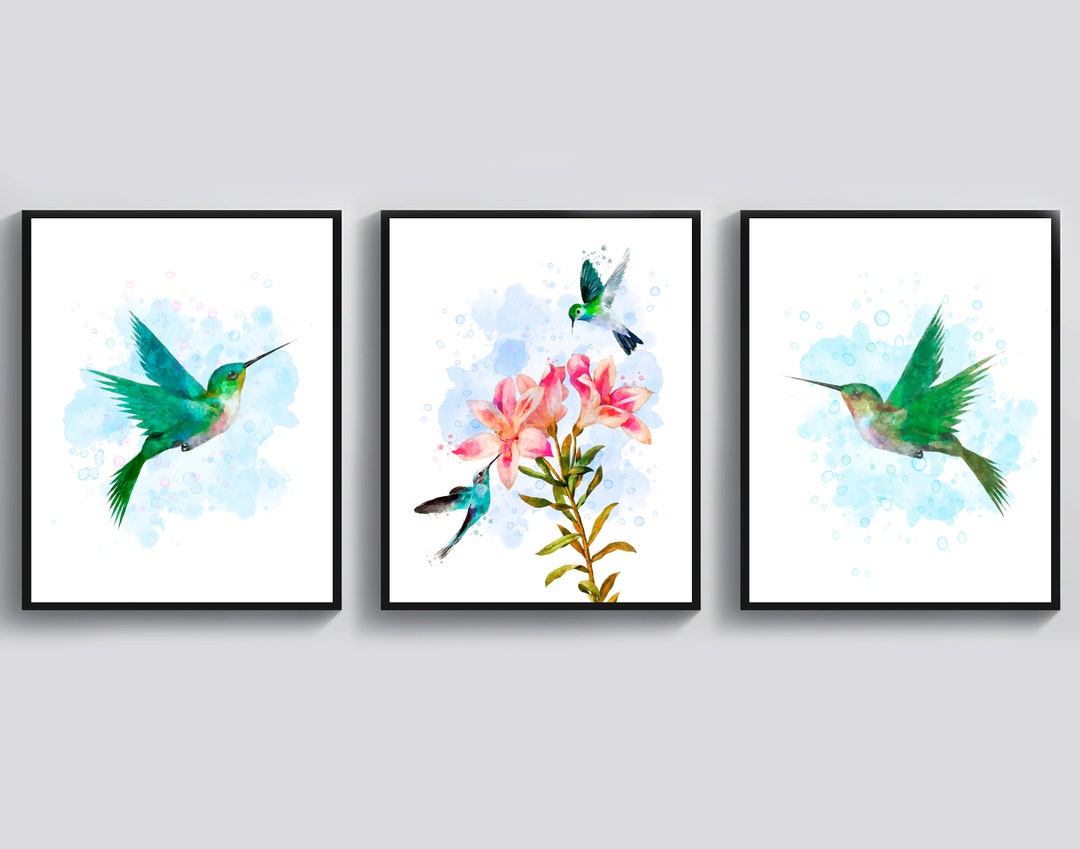 Hummingbirds and Flower Art Watercolor Humming Bird Art Tropical Bird ...