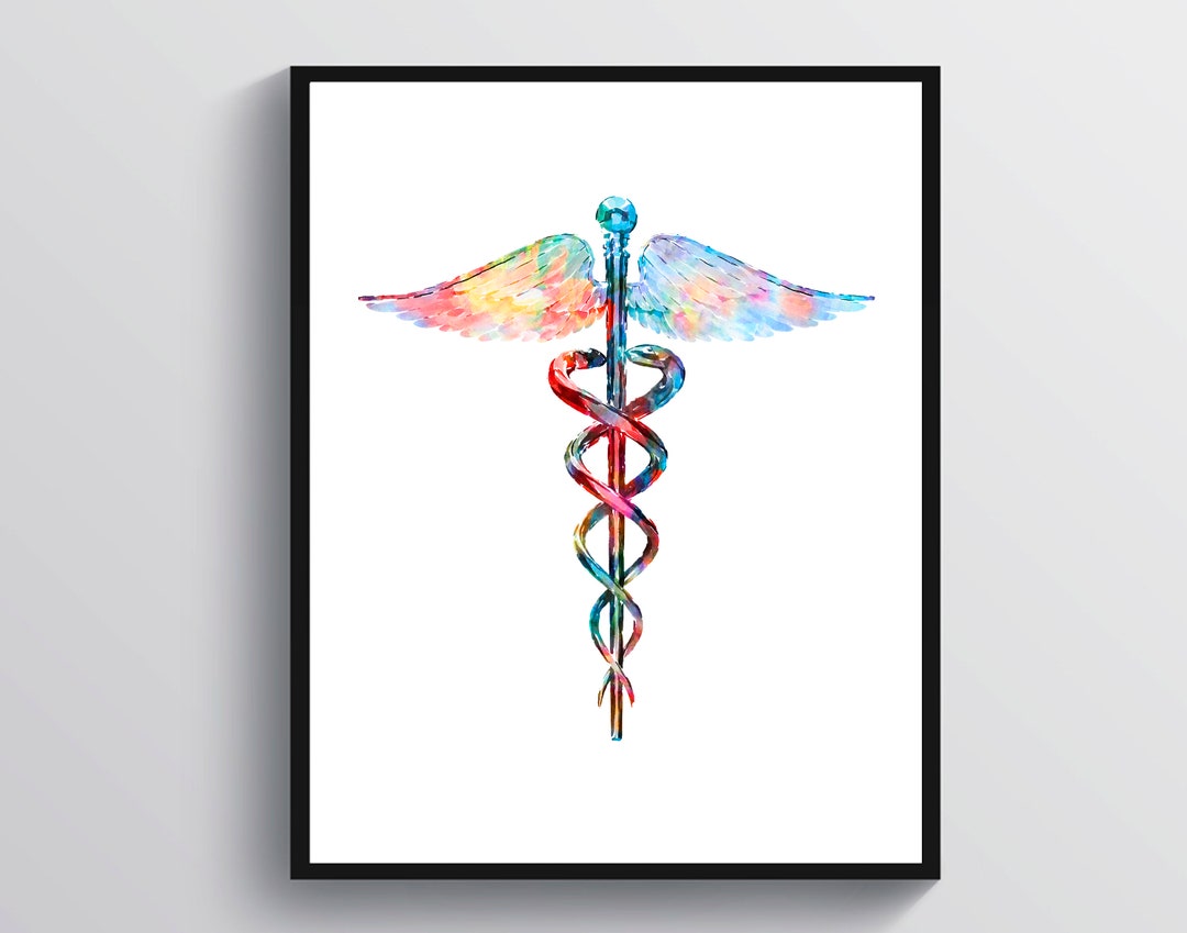 Watercolor Caduceus Art Medical Symbol Poster Clinic Wall Decor Doctor ...