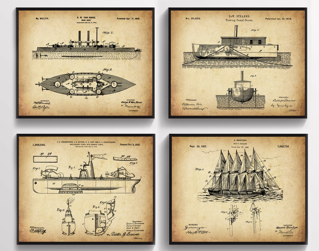4 Vintage Nautical Art, Ship Patent, Submarine Patent, Sailing Art ...