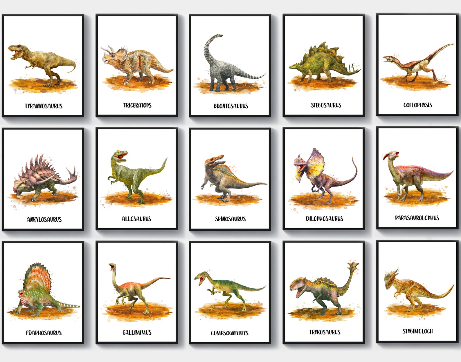 15 Most Popular Types of Dinosaurs Posters, Watercolor Dinosaur Art ...