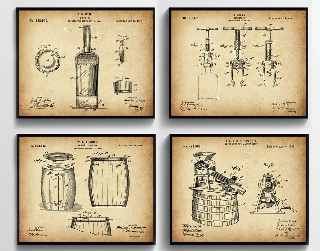 4 Vintage Wine Patent Art Alcohol Making Blueprint Bottle Scheme Poster ...