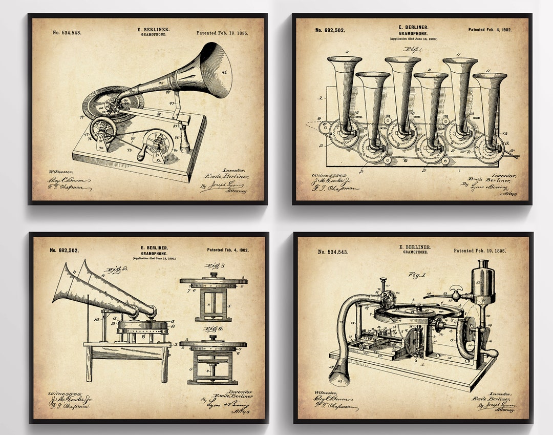 4 Vintage Gramophone Blueprints Music Patent Art Music Studio Wall ...