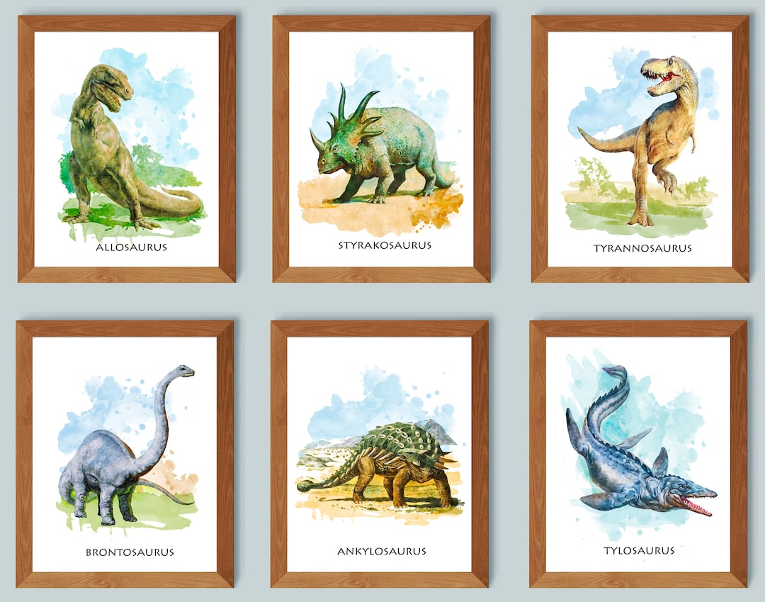6 Dinosaurs Names Posters Watercolor Dinosaur Tyrannosaurus