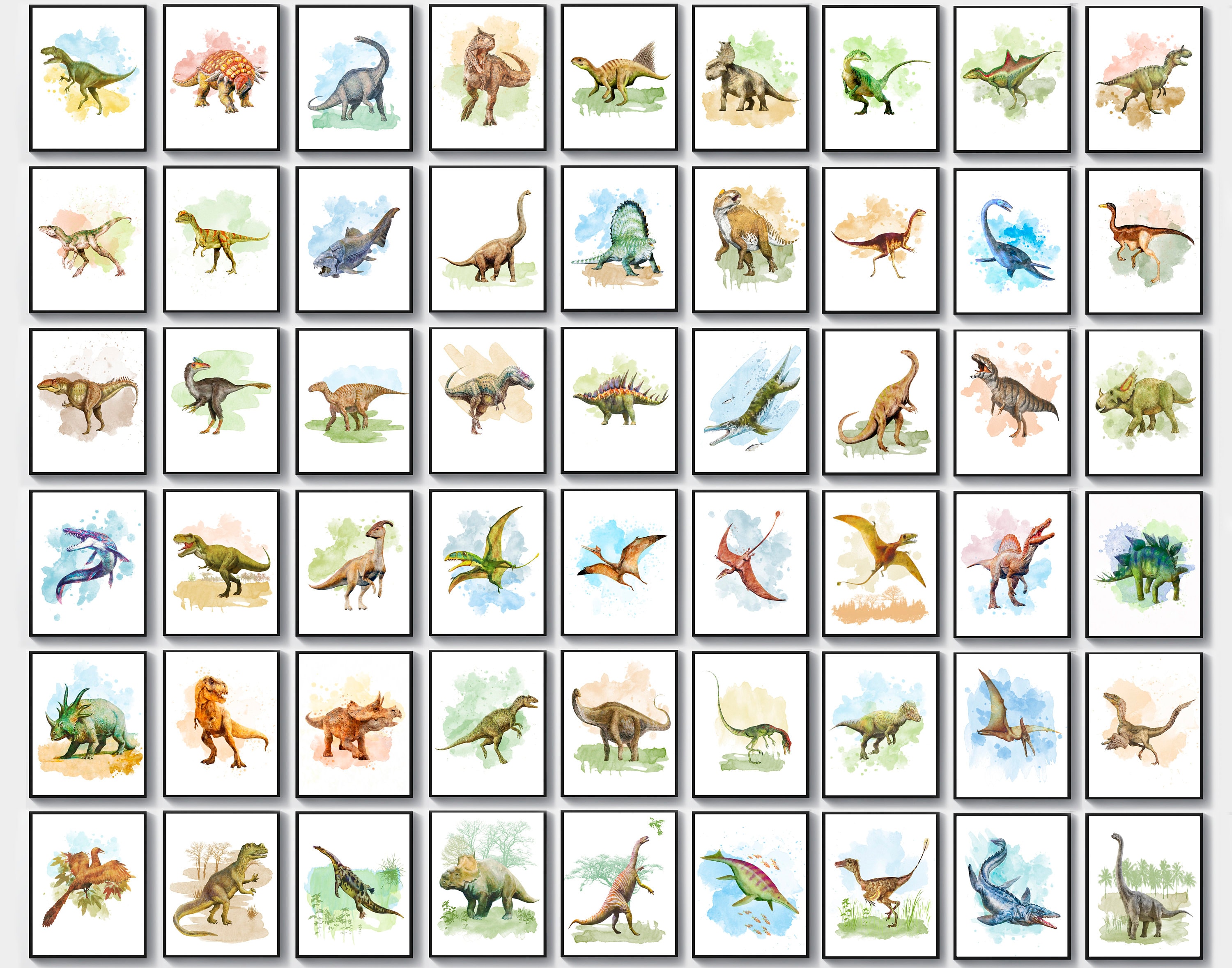 54 Dinosaur Types Watercolor Drawings Jurassic Dinosaurs Art T-rex ...