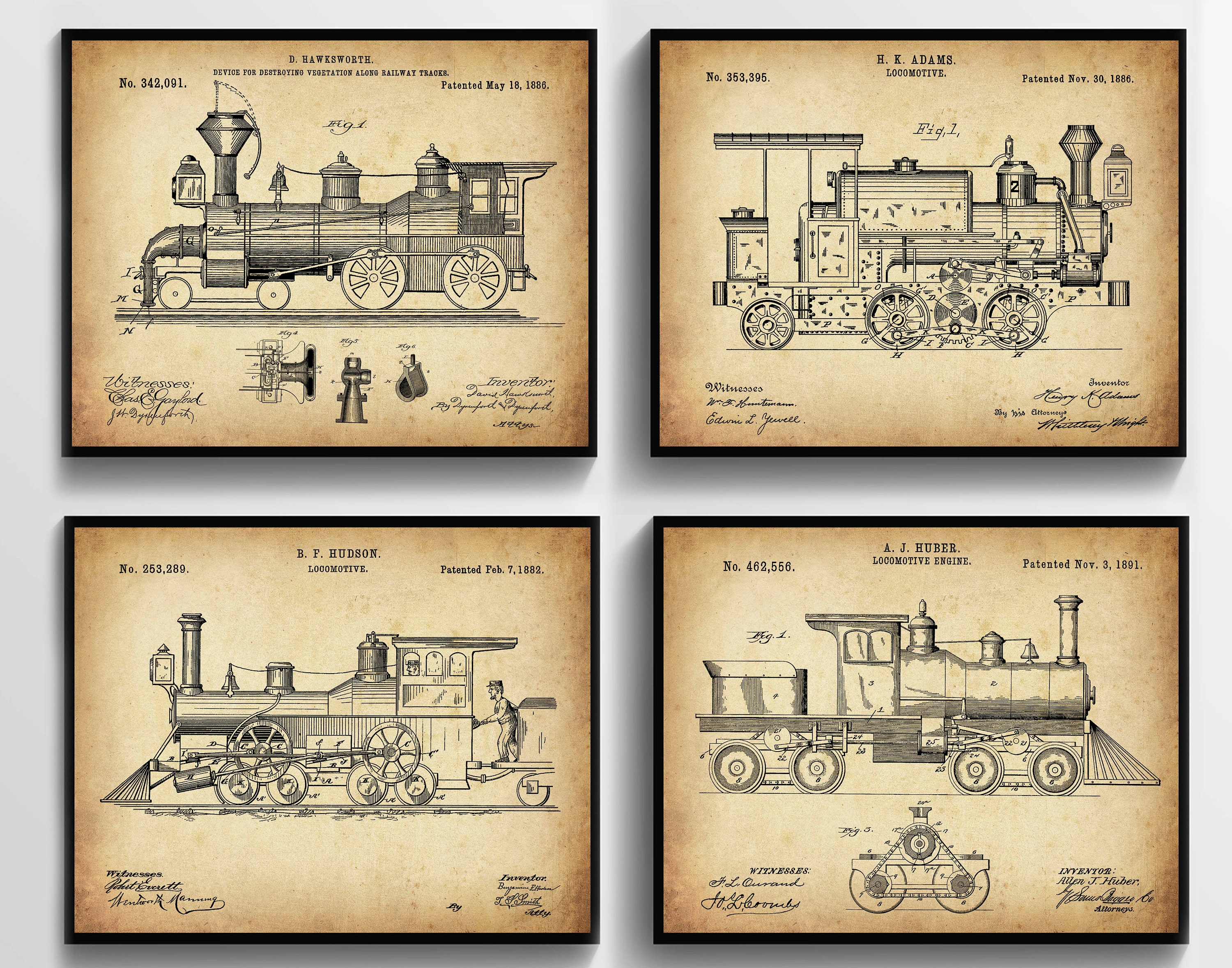 4 Vintage Train Patent Print Transport Poster Locomotive Blueprint ...