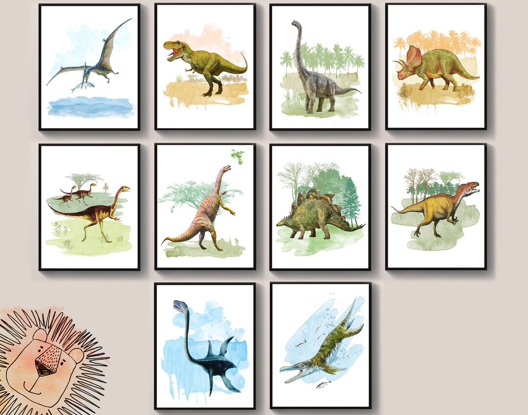 Dinosaur Art Set of 10 Extinct Reptile Poster Watercolor T-rex ...