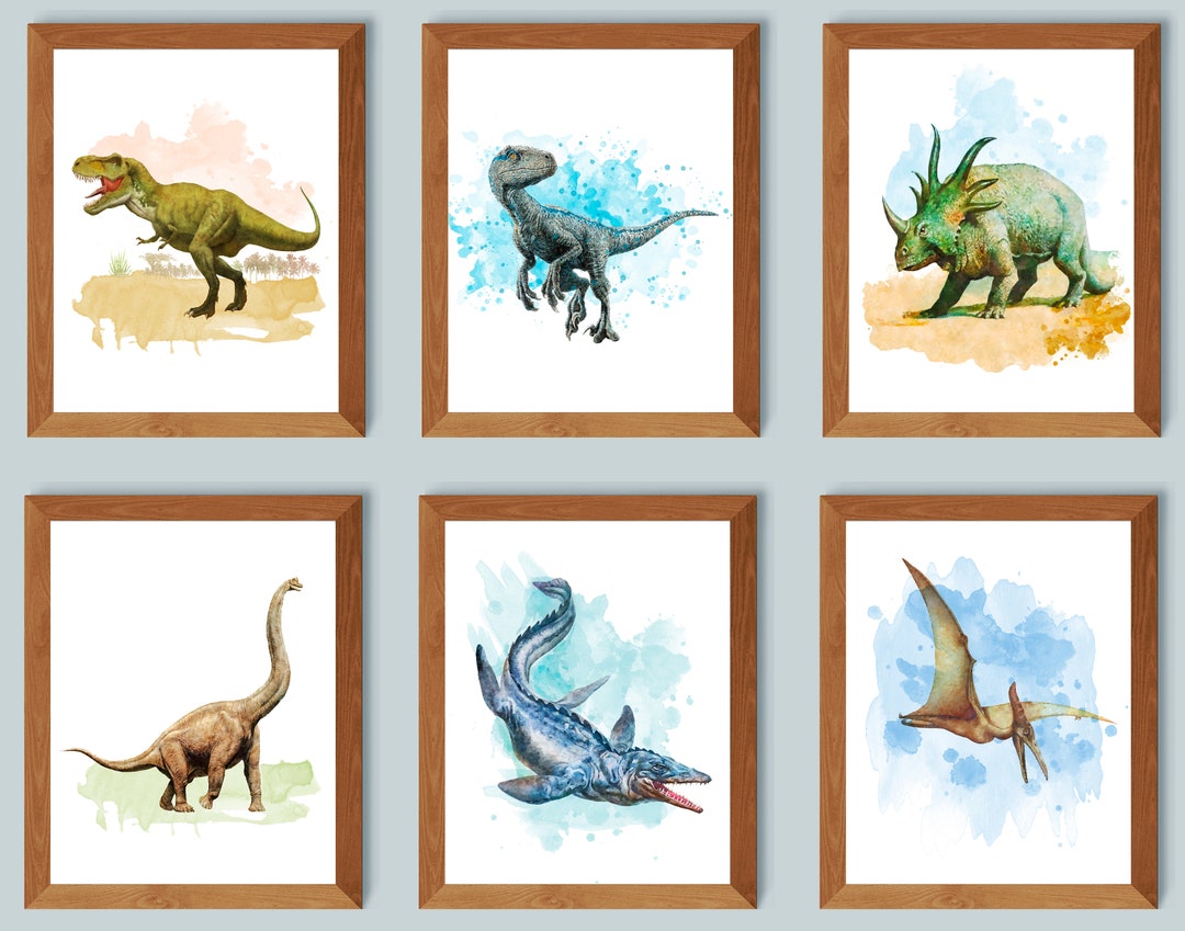 Dinosaur Print Set of 6 Jurassic Dinosaurs Art Velociraptor T-rex ...