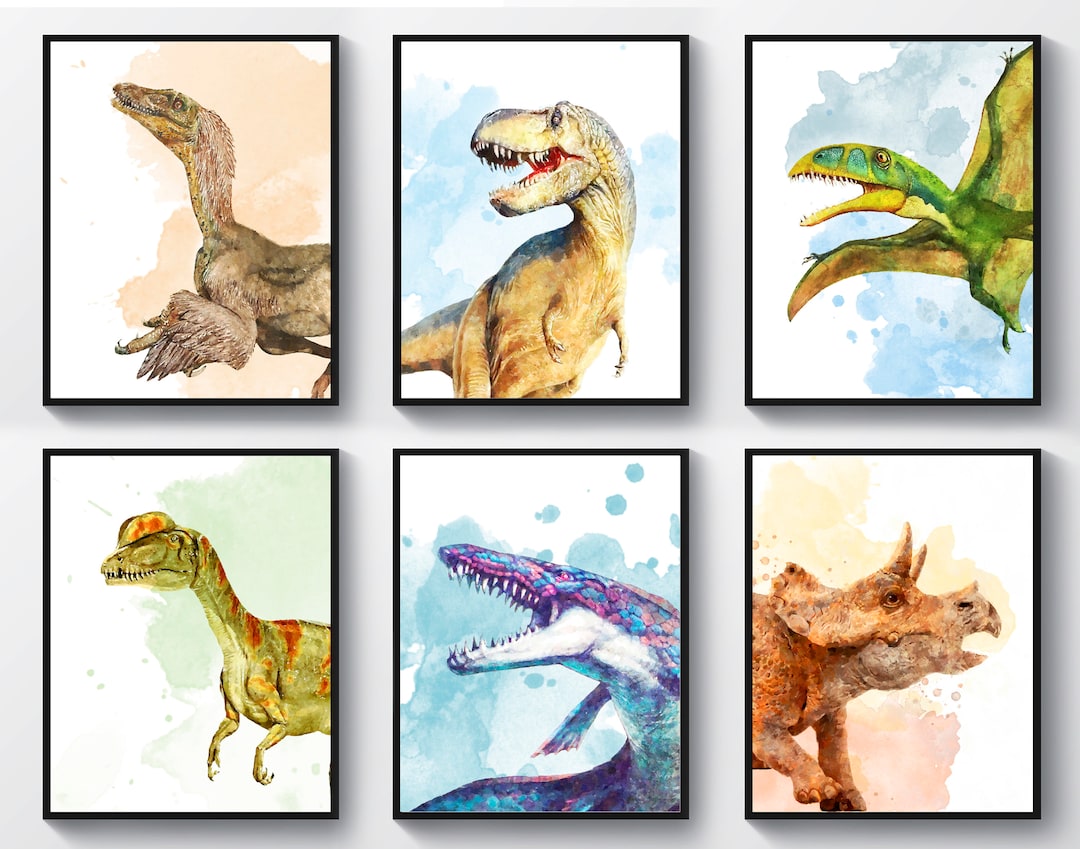 6 Watercolor Dinosaurs Art Mesozoic Reptile Art Jurassic Dinosaur ...
