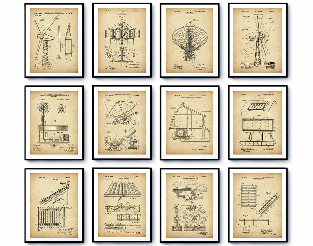 12 Renewable Energy Patent Art, Vintage Blueprint, Green Energy, Clear ...